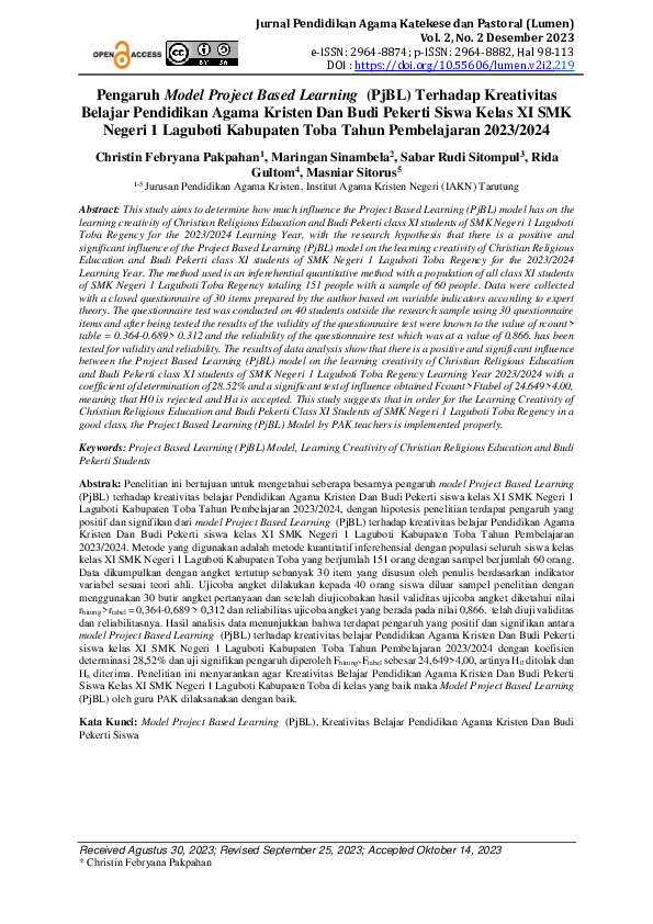 (PDF) Pengaruh Model Project Based Learning (PjBL) Terhadap Kreativitas Belajar Pendidikan Agama ...