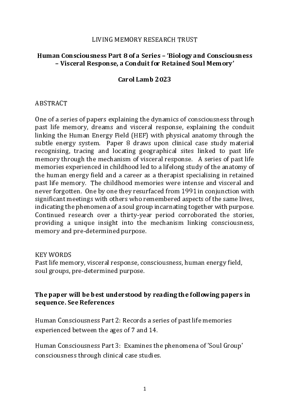 (PDF) Human Consciousness Part 8 of a Series -'Biology and Consciousness -Visceral Response, a ...