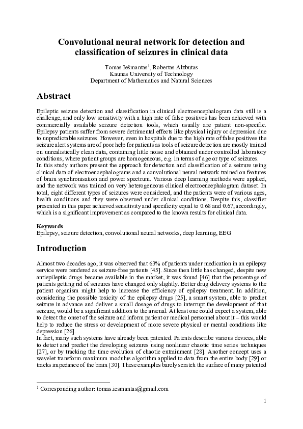 Pdf Convolutional Neural Network For Detection And Classification Of Seizures In Clinical Data