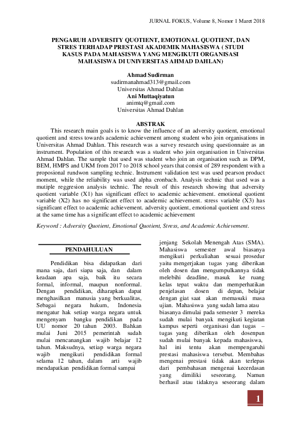 (PDF) Pengaruh Adversity Quotient, Emotional Quotient, Dan Stres Terhadap Prestasi Akademik ...