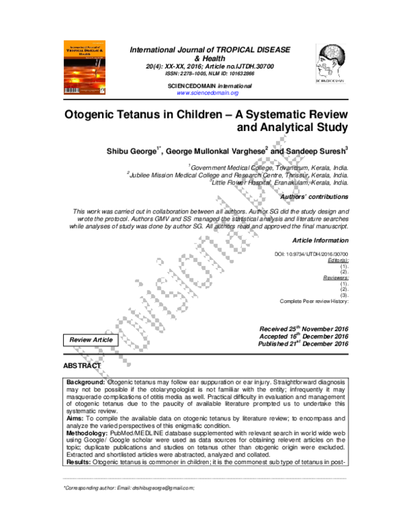 (PDF) Otogenic Tetanus in Children -A Systematic Review and Analytical ...