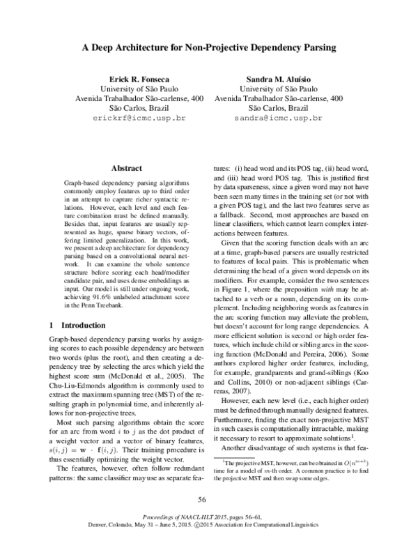 Pdf A Deep Architecture For Non Projective Dependency Parsing Sandra Maria Aluísio