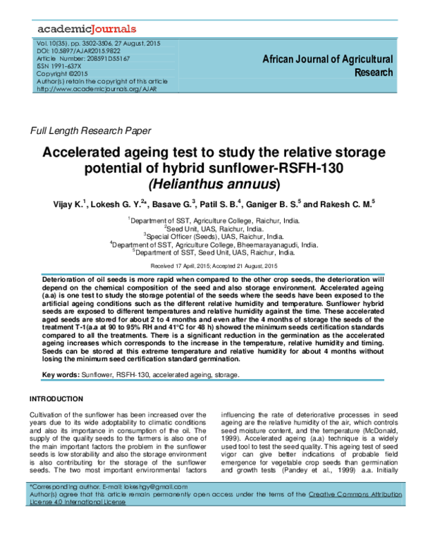 (PDF) Storage Potential of Hybrid Sunflower Under Accelerated Ageing