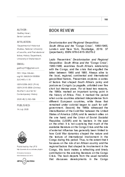 (PDF) Decolonisation and Regional Geopolitics: South Africa and the ...