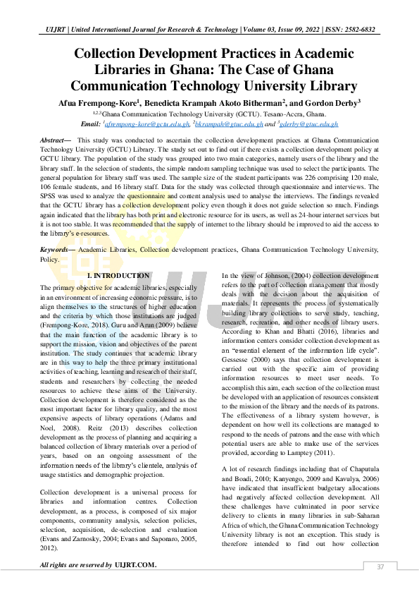 (PDF) Collection Development Practices in Academic Libraries in Ghana: The Case of Ghana ...