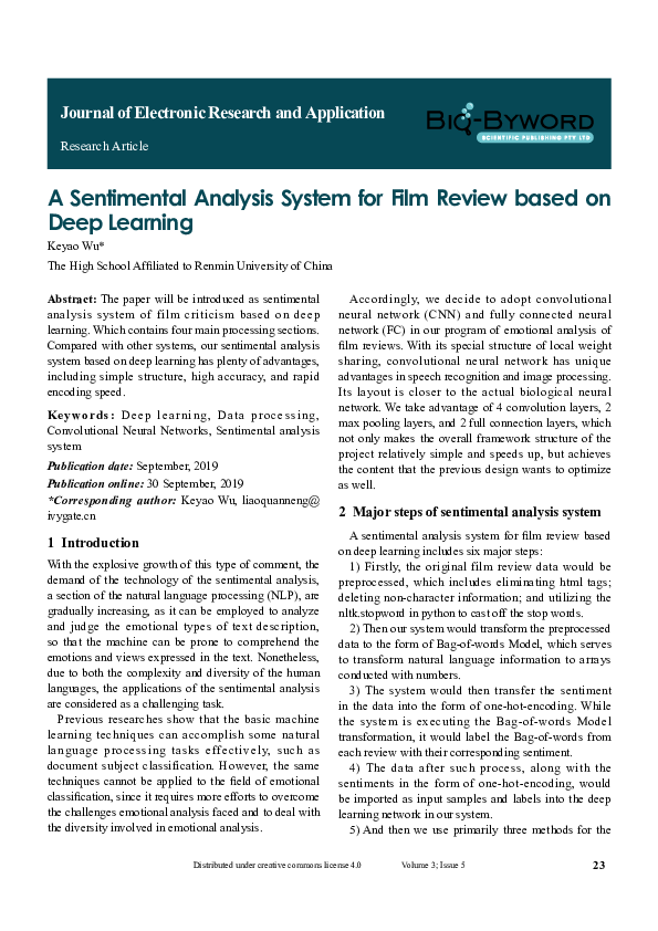(PDF) A Sentimental Analysis System for Film Review based on Deep Learning