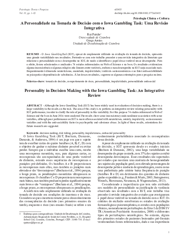 (PDF) A Personalidade na Tomada de Decisão com o Iowa Gambling Task ...