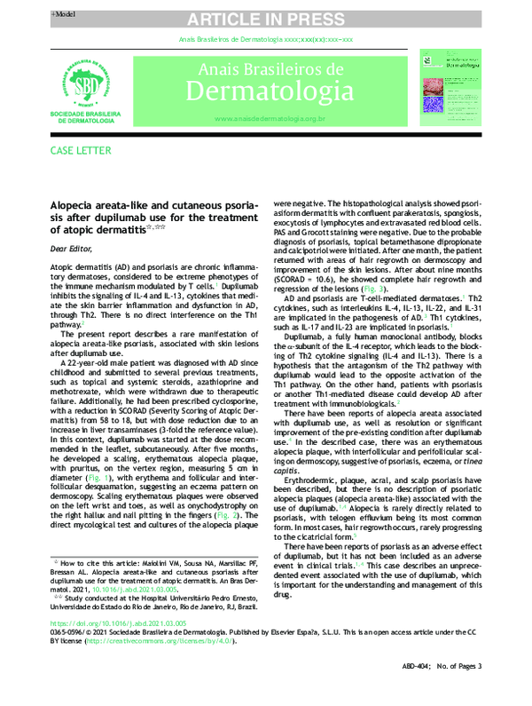 (PDF) Alopecia areata-like and psoriasis after dupilumab use for atopic dermatitis | Aline ...