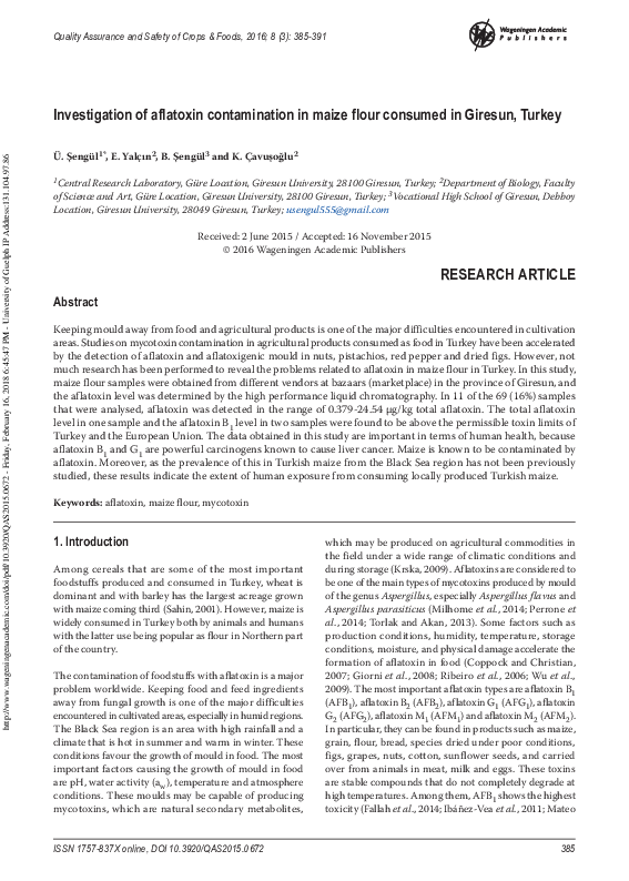 (PDF) Investigation of aflatoxin contamination in maize flour consumed in Giresun, Turkey