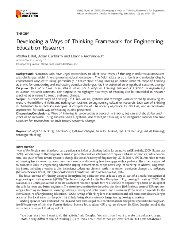 (PDF) Developing a Ways of Thinking Framework for Engineering Education ...