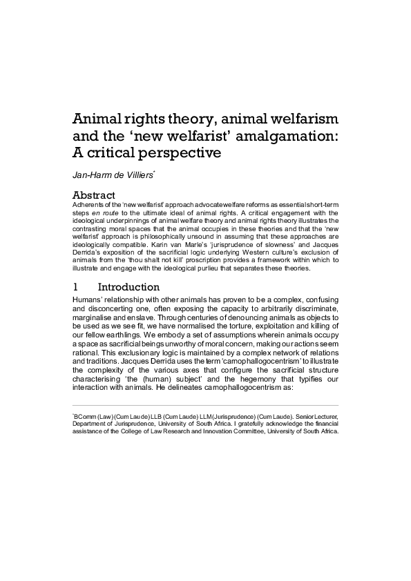 (PDF) Animal Rights Theory, Animal Welfarism and the ˜'New Welfarist ...