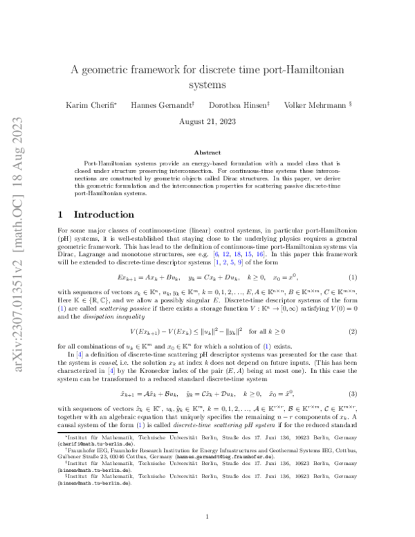 (PDF) A geometric framework for discrete time port-Hamiltonian systems