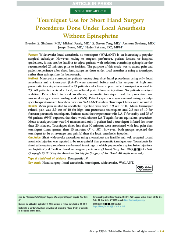 (PDF) Tourniquet Use for Short Hand Surgery Procedures Done Under Local ...