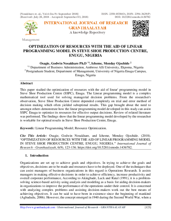 (PDF) Optimization of Resources with the Aid of Linear Programming Model in Steve Shoe ...
