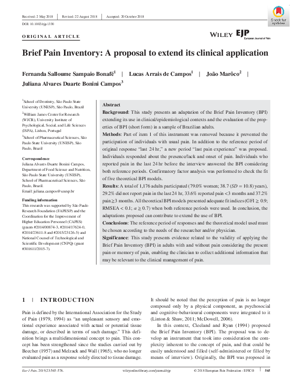 (PDF) Brief Pain Inventory: A proposal to extend its clinical application