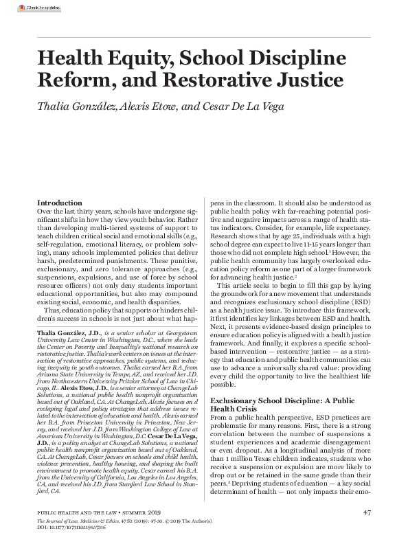 (PDF) Health Equity, School Discipline Reform, and Restorative Justice