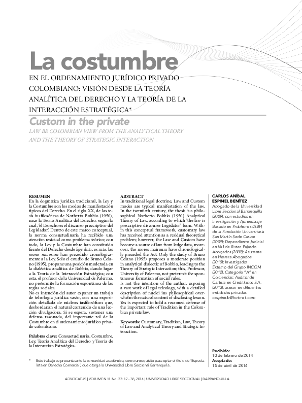 (PDF) La costumbre EN EL ORDENAMIENTO JURÍDICO PRIVADO COLOMBIANO: VISIÓN DESDE LA TEORÍA ...