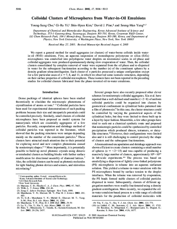 (PDF) Colloidal Clusters from W/O Emulsions via Microsphere Aggregation