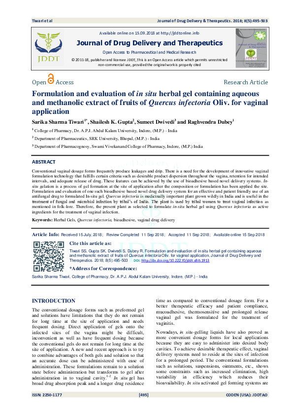 Pdf Formulation And Evaluation Of In Situ Herbal Gel Containing Aqueous And Methanolic Extract