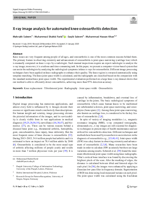 (PDF) X-ray image analysis for automated knee osteoarthritis detection