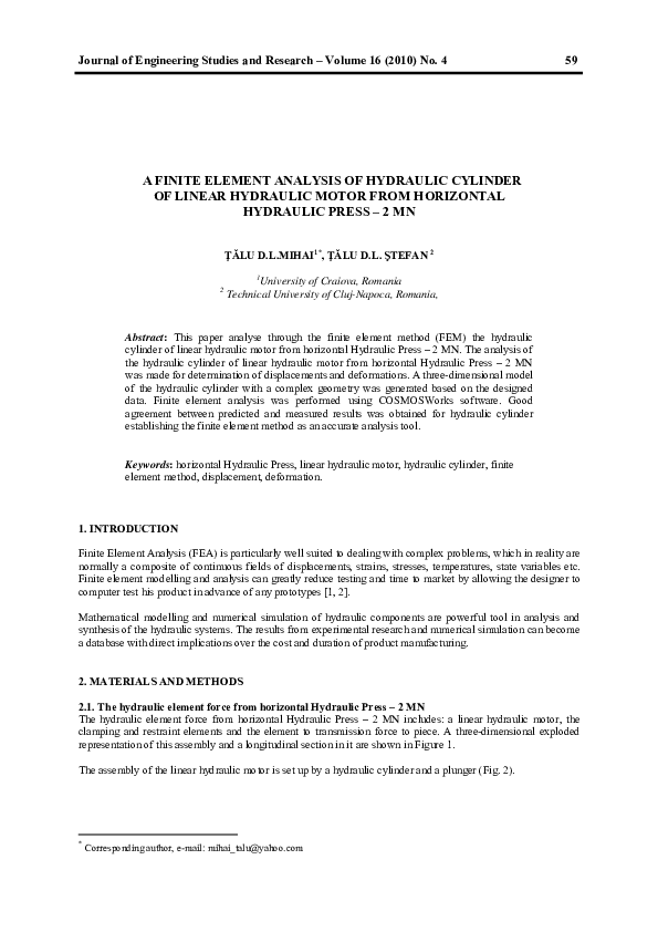 Pdf A Finite Element Analysis Of Hydraulic Cylinder Of Linear Hydraulic Motor From Horizontal