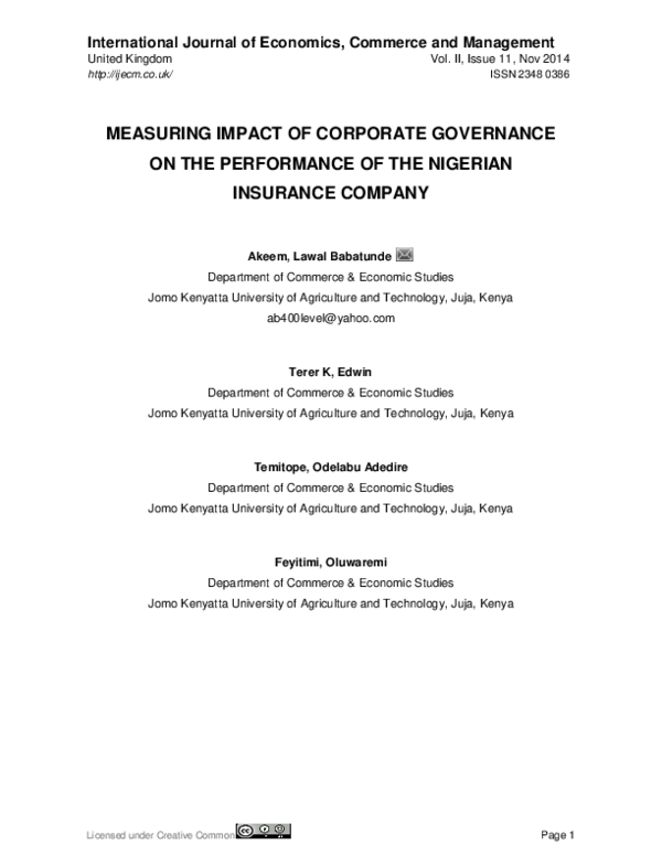 (PDF) Measuring Impact of Corporate Governance on the Performance of ...