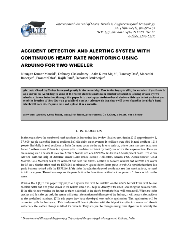 Pdf Accident Detection And Alerting System With Continuous Heart Rate Monitoring Using Arduino