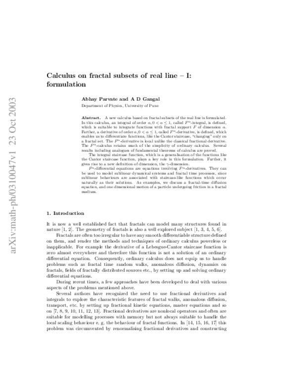 (PDF) Calculus on Fractal Subsets of Real Line — I: Formulation