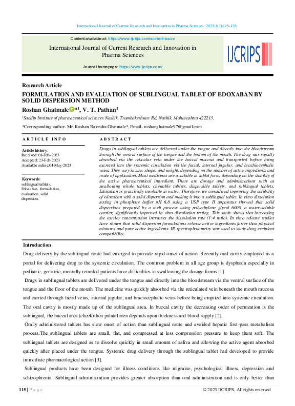 (PDF) Formulation and Evaluation of Sublingual Tablet of Edoxaban by ...