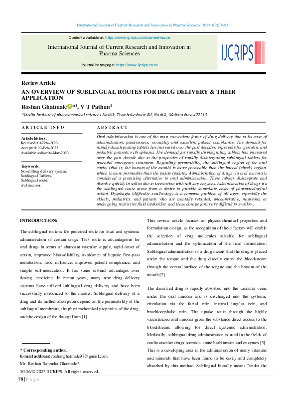 (PDF) An Overview of Sublingual Routes for Drug Delivery & Their ...