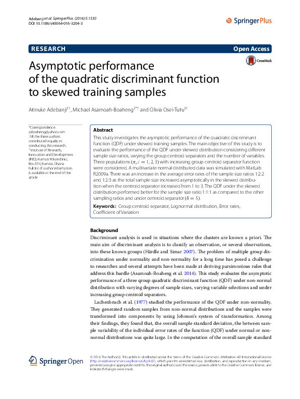 (PDF) Asymptotic performance of the quadratic discriminant function to ...