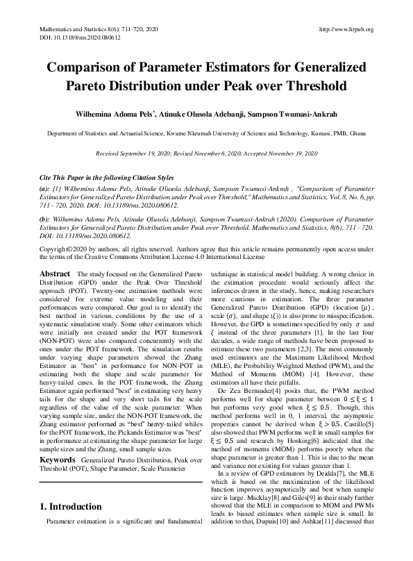 (PDF) Comparison of Parameter Estimators for Generalized Pareto ...