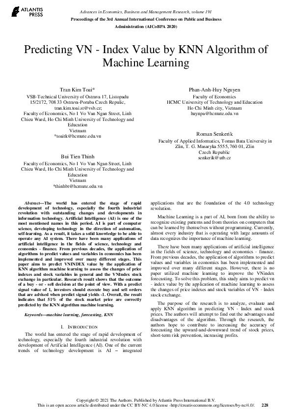 (PDF) Predicting VN - Index Value by KNN Algorithm of Machine Learning
