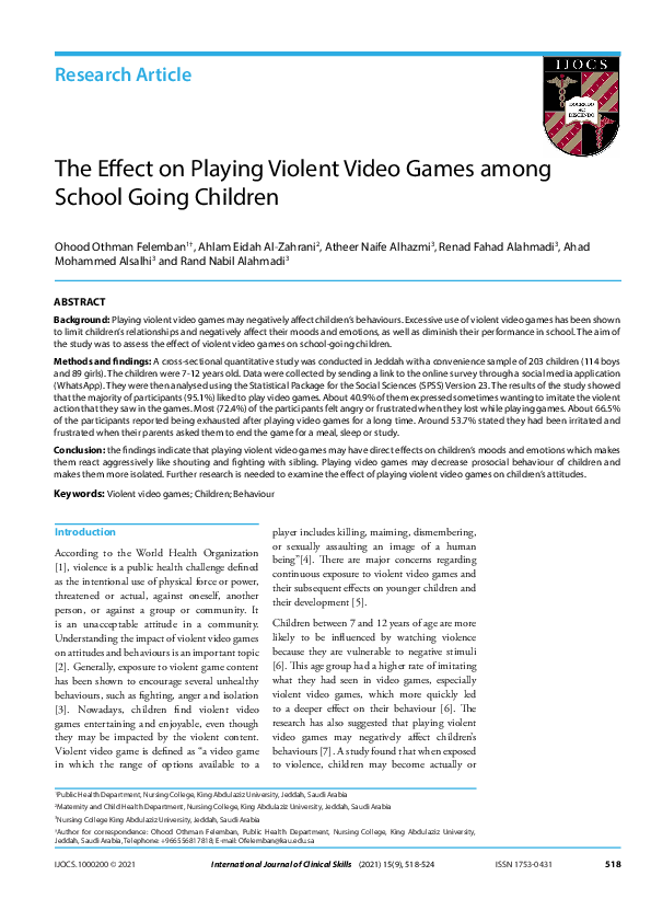 (PDF) The Effect on Playing Violent Video Games among School Going Children