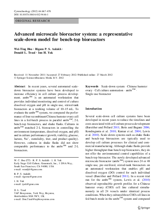 (PDF) Advanced microscale bioreactor system: a representative scale ...