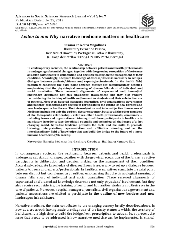 (PDF) Listen to me: why narrative medicine matters in healthcare