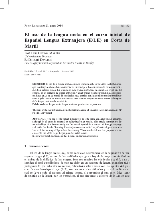 (PDF) El uso de la lengua meta en el curso inicial de Español Lengua ...