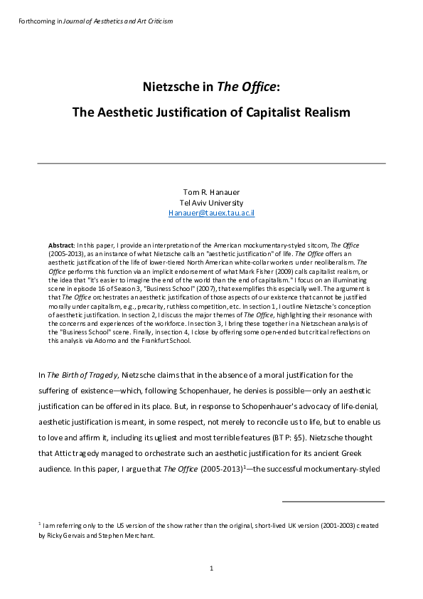 (PDF) Nietzsche in The Office: The Aesthetic Justification of ...