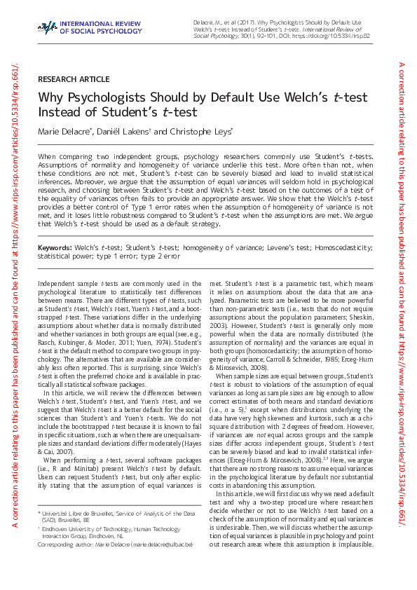 (PDF) Why Psychologists Should by Default Use Welch's t-test Instead of ...