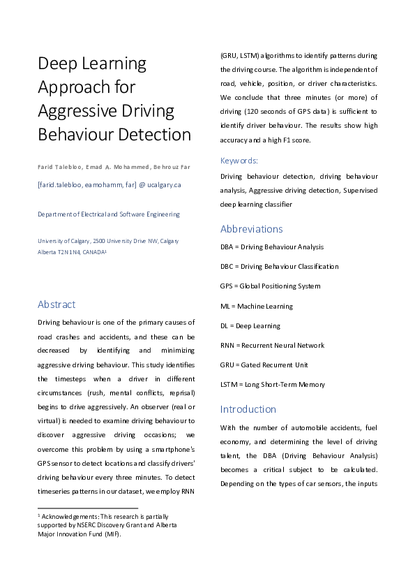 Pdf Deep Learning Approach For Aggressive Driving Behaviour Detection