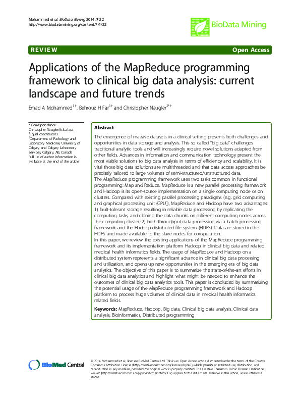 Pdf Applications Of The Mapreduce Programming Framework To Clinical Big Data Analysis Current