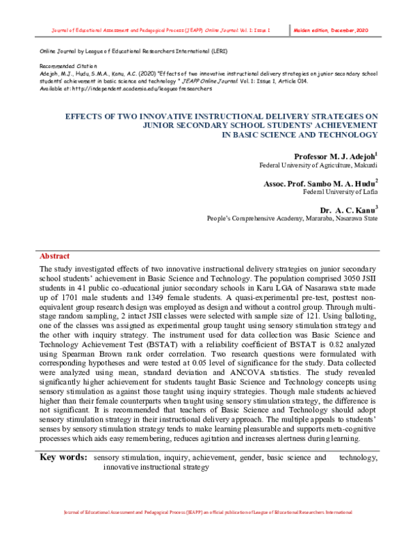 (PDF) EFFECTS OF TWO INNOVATIVE INSTRUCTIONAL DELIVERY STRATEGIES ON JUNIOR SECONDARY SCHOOL ...