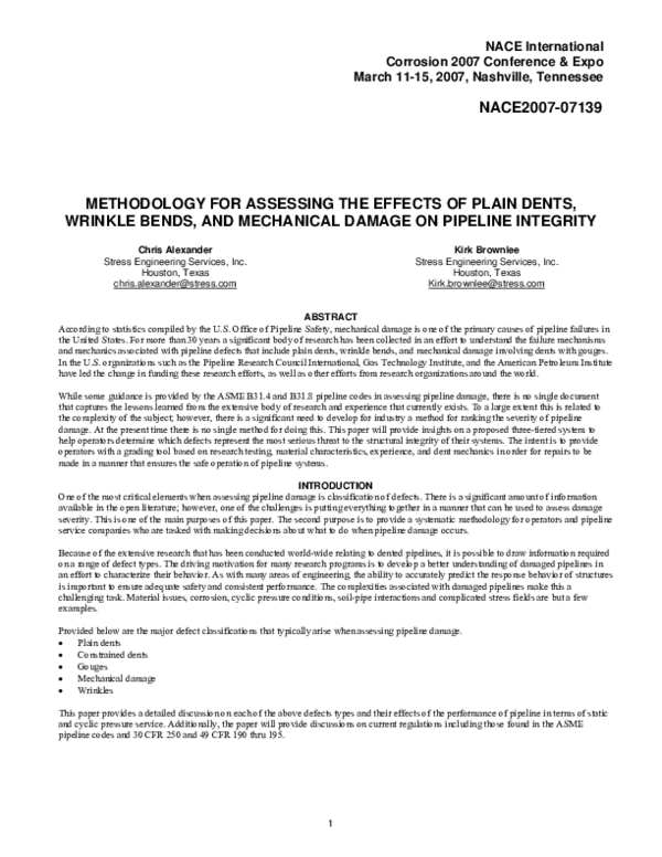 (PDF) Methodology For Assessing The Effects Of Plain Dents, Wrinkle ...