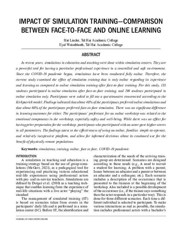 (PDF) Impact of Simulation Training-Comparison Between Face-to-Face and ...