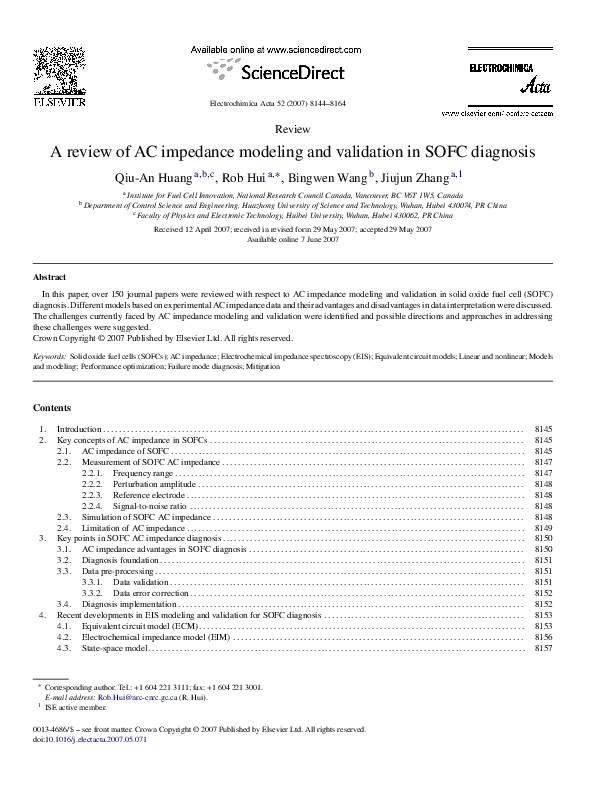 (PDF) A review of AC impedance modeling and validation in SOFC diagnosis