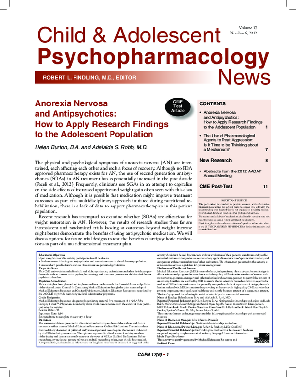 (PDF) Anorexia Nervosa and Antipsychotics: How to Apply Research ...