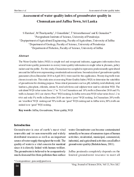 (PDF) Assessment of water quality index of groundwater quality in Chunnakam and Jaffna Town, Sri ...