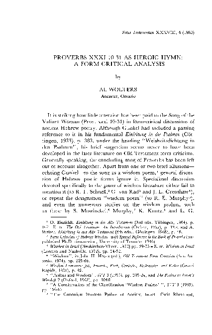(PDF) Proverbs xxxi 10-31 as Heroic Hymn: a Form-critical Analysis