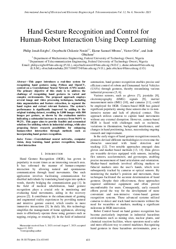 (PDF) Hand Gesture Recognition and Control for Human-Robot Interaction Using Deep Learning