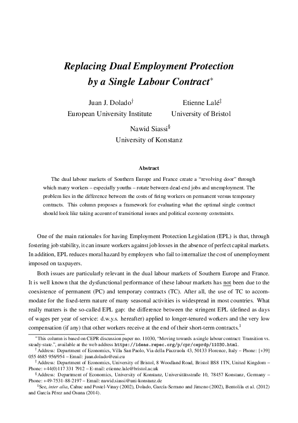 (PDF) Replacing Dual Employment Protection by a Single Labour Contract